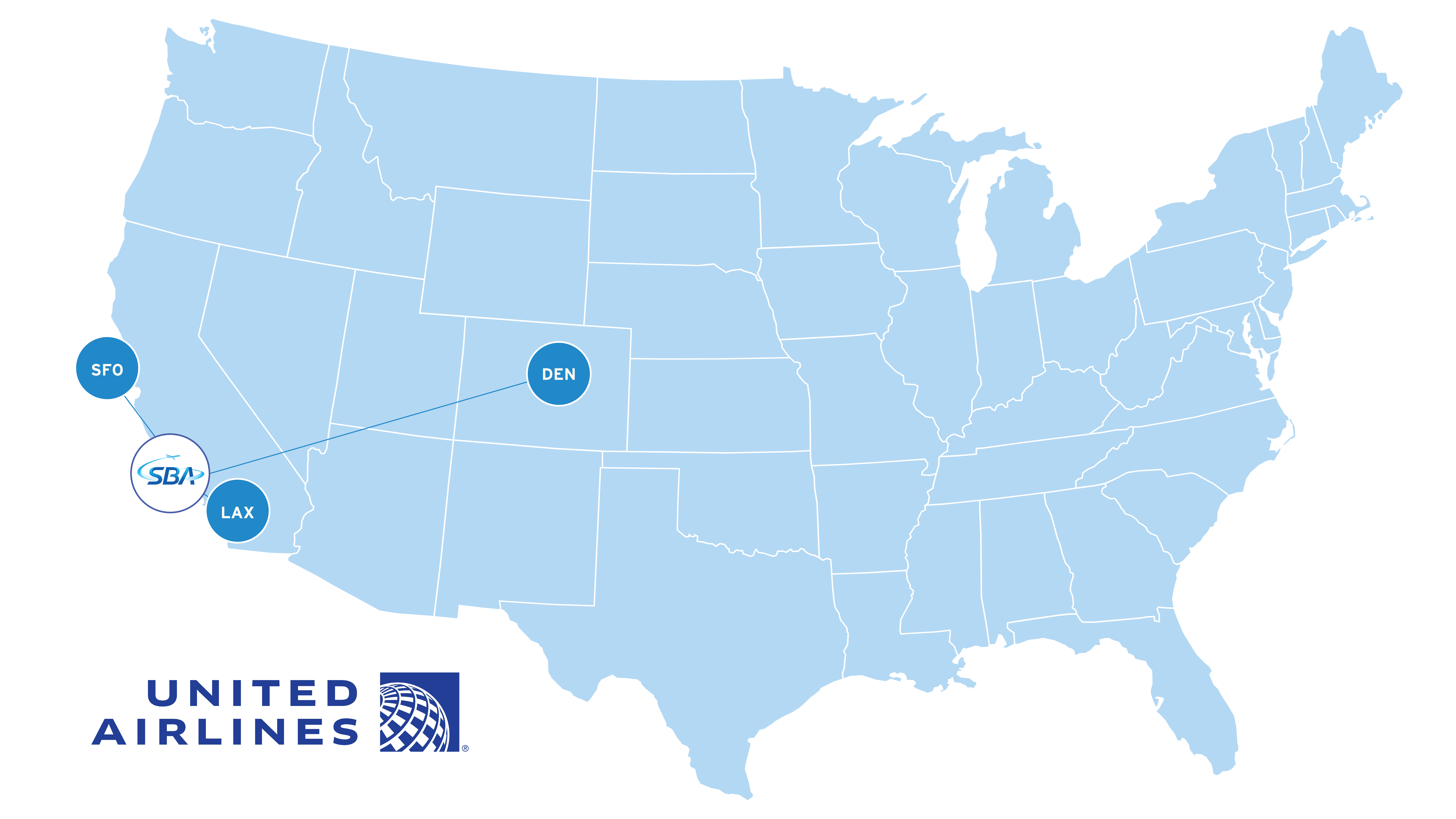 Route map showing destinations to SFO, LAX, and DEN.